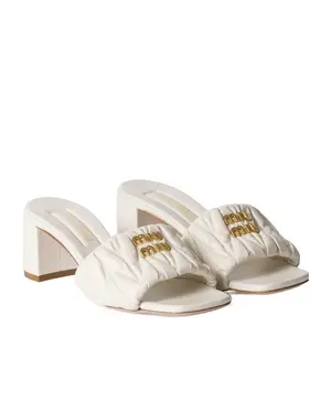 Miu Miu Matelassé Nappa Leather Slides With Gold Lettering Logo - White
