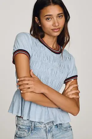 PILCRO Cotton Smocked Peplum Tee - Chambray