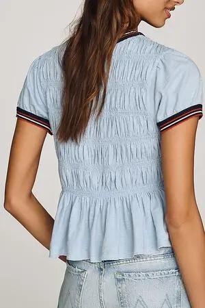 PILCRO Cotton Smocked Peplum Tee - Chambray
