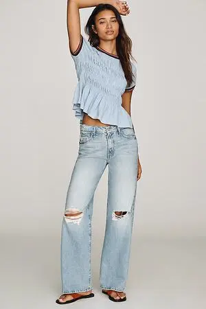 PILCRO Cotton Smocked Peplum Tee - Chambray