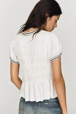 PILCRO Cotton Smocked Peplum Tee