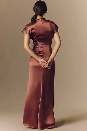 MARE MARE Cade Satin Maxi Dress With Side Ruching And Slit - Rust