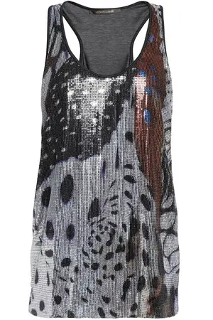 Roberto Cavalli Sequined Printed Jersey Tank - Black