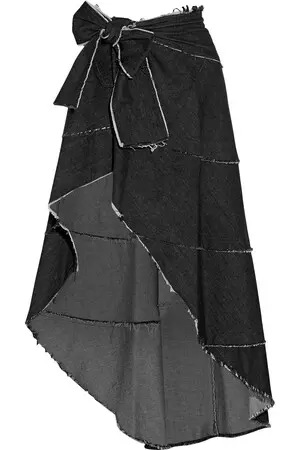 Norma Kamali Asymmetric Frayed Denim Maxi Wrap Skirt