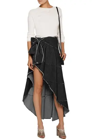 Norma Kamali Asymmetric Frayed Denim Maxi Wrap Skirt