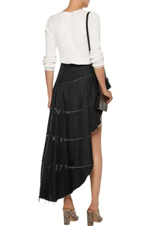Norma Kamali Asymmetric Frayed Denim Maxi Wrap Skirt