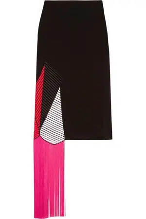 CHRISTOPHER KANE Asymmetric Fringed Crochetpaneled Stretchcrepe Skirt - Black