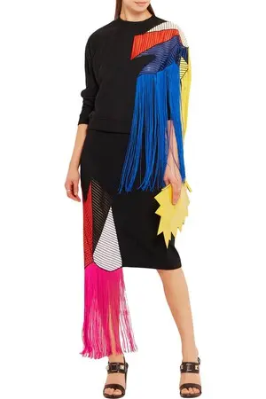 CHRISTOPHER KANE Asymmetric Fringed Crochetpaneled Stretchcrepe Skirt