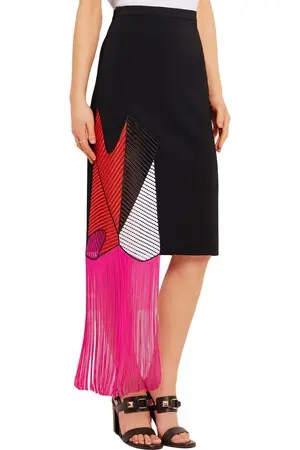 CHRISTOPHER KANE Asymmetric Fringed Crochetpaneled Stretchcrepe Skirt