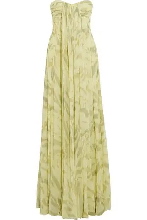 Halston Strapless Pleated Printed Silkchiffon Gown - Lime Green