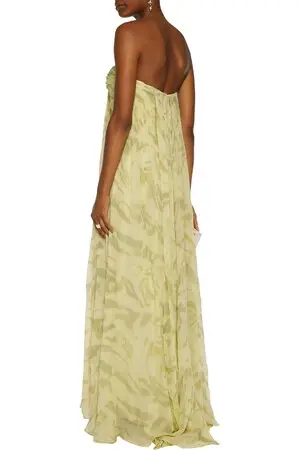 Halston Strapless Pleated Printed Silkchiffon Gown