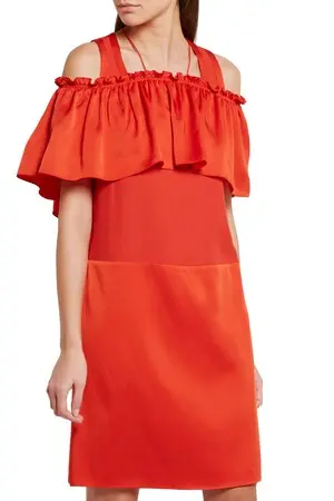 Sonia Rykiel Paris Cold Shoulder Ruffled Cape Effect Satin Mini Dress