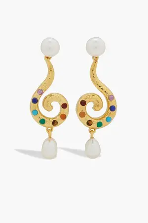 Pamela Love Hammered Gold-plated Multi Stone Earrings With Pearls