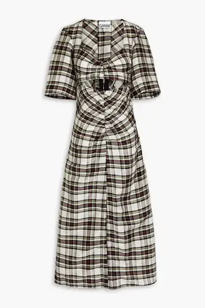 GANNI Cutout Checked Linen And Silkblend Midi Dress - Black