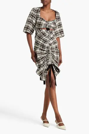 GANNI Cutout Checked Linen And Silkblend Midi Dress