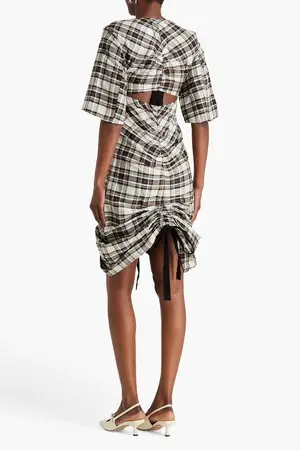 GANNI Cutout Checked Linen And Silkblend Midi Dress