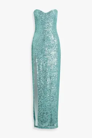 Monique Lhuillier Strapless Sequined Tulle Gown - Turquoise