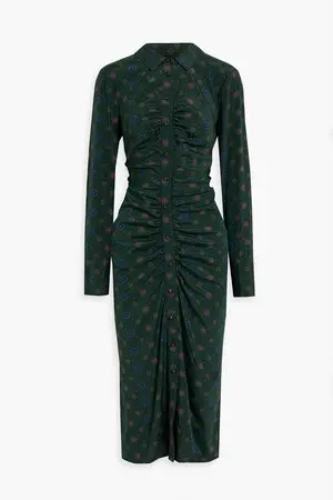 Veronica Beard Mesika Ruched Printed Stretchsilk Midi Shirt Dress - Emerald