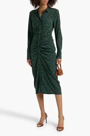Veronica Beard Mesika Ruched Printed Stretchsilk Midi Shirt Dress