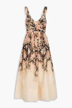 Zimmermann Floralprint Linen And Silkblend Midi Dress - Neutral