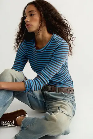 Free People Free People We The Free Easy Does It Striped Long Sleeve Top With Ruffle Trim Blue Combo