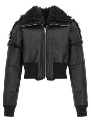Rick Owens Cropped Leather Bomber Jacket With Shearling - Black