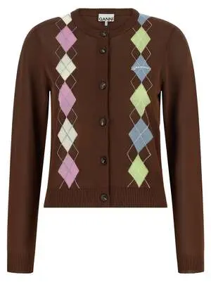 GANNI GANNI Argyle Intarsia Organic Cotton Cardigan Brown