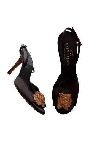 DEAR CLEMENTINE VINTAGE Valentino Crystal Rose-detail Satin Slingback Heels - Brown