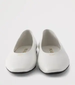 Prada Brushed Leather Logo Ballet Flats - White