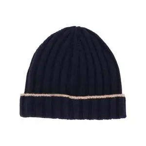 Brunello Cucinelli Cashmere Ribbed Knit Beanie With Contrasting Trim Blue