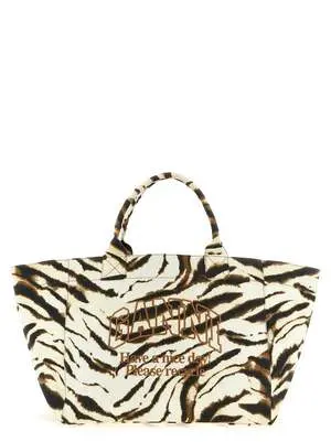 GANNI Xxl Zebra Print Cotton Canvas Shopping Bag - Cream