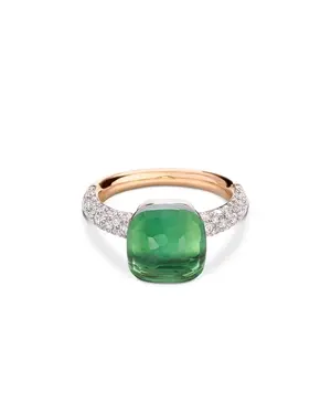 Pomellato 18k White & Rose Nudo Prasiolite & Green Agate Double Diamond Ring - Gold