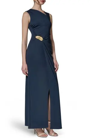 Donna Karan New York Asymmetric Neck Hardware Detail Jersey Gown
