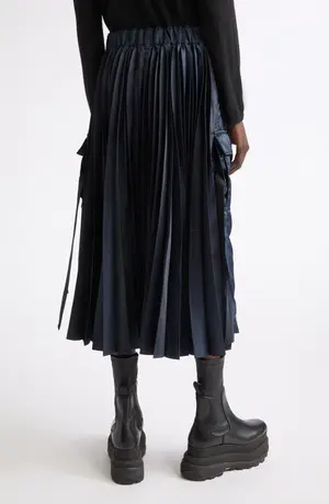 Sacai Nylon Twill And Satin Midi Skirt - Navy