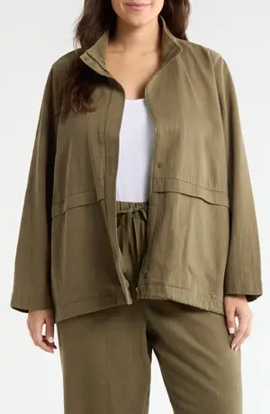 Eileen Fisher Zip-up Organic Cotton & Organic Linen Jacket - Olive