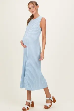 PINKBLUSH Ribbed Knit Sleeveless Maternity Maxi Dress - Light Blue