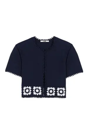 Maje Cropped Cardigan With Floral Crochet Panels - Navy