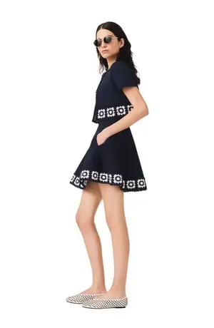 Maje Cropped Cardigan With Floral Crochet Panels - Navy
