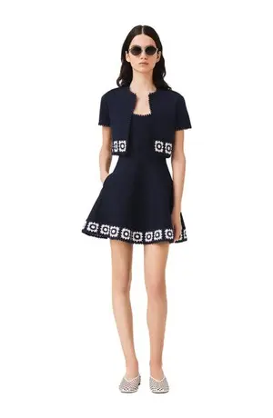 Maje Cropped Cardigan With Floral Crochet Panels - Navy