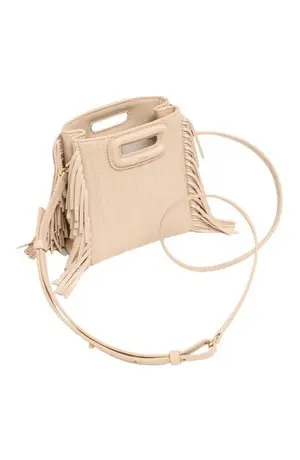 Maje Leather Mini Bag With Fringe And Topstitch Detail - Cream
