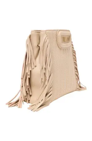 Maje Leather Mini Bag With Fringe And Topstitch Detail - Cream