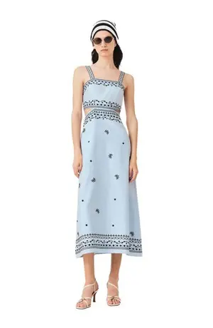 Maje Embroidered Linen Blend Maxi Dress - Blue Sky