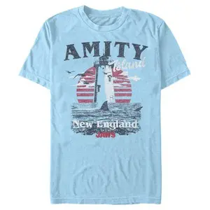 JAWS Amity Island Tourist Lighthouse Graphic T-shirt - Light Blue