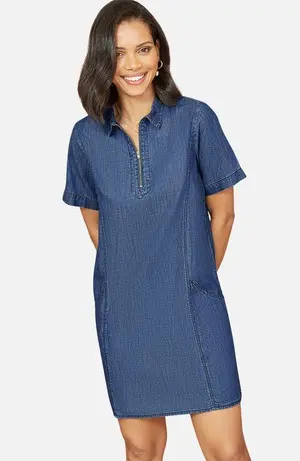 YUMI Cotton Chambray Zip Neckline Dress