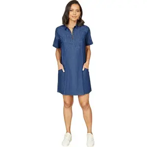 YUMI Cotton Chambray Zip Neckline Dress - Blue
