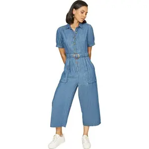 YUMI Cotton Chambray Button-up Jumpsuit With Belt And Pockets - Blue