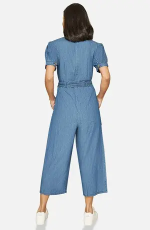YUMI Cotton Chambray Button-up Jumpsuit With Belt And Pockets
