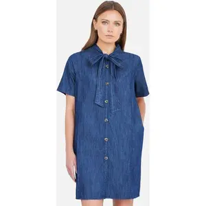 YUMI Chambray Tunic With Tie Neck