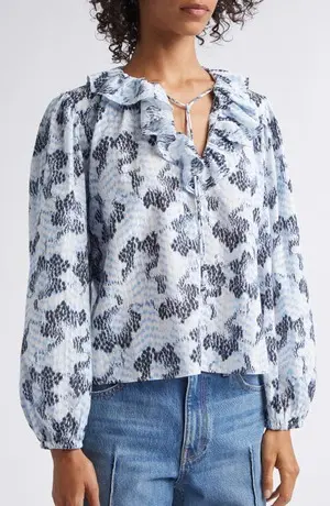 Ulla Johnson Siena Abstract Print Ruffle Collar Top