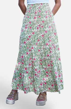 YUMI Boho Print Cotton Maxi Skirt